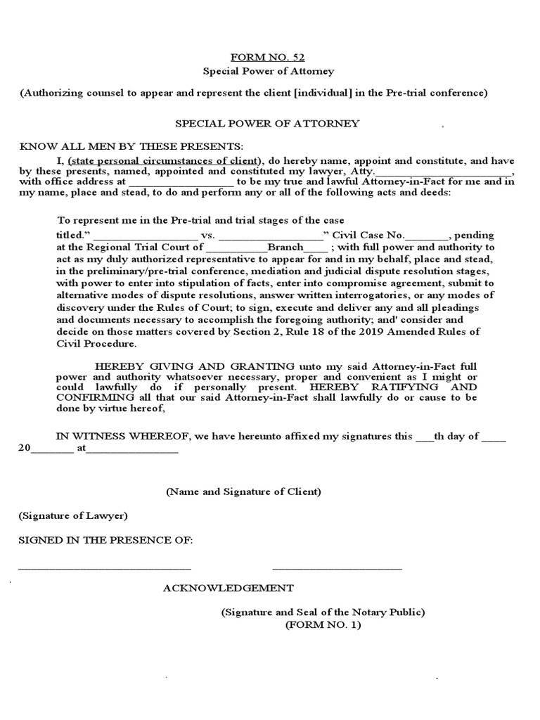 FORM NO. 52 Special Power of Attorney (Authorizing Counsel To Appear ...