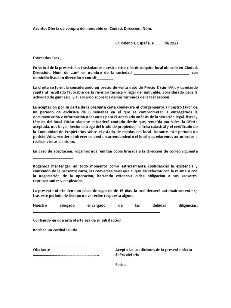 Plantilla Oferta de Compra Inmueble | PDF