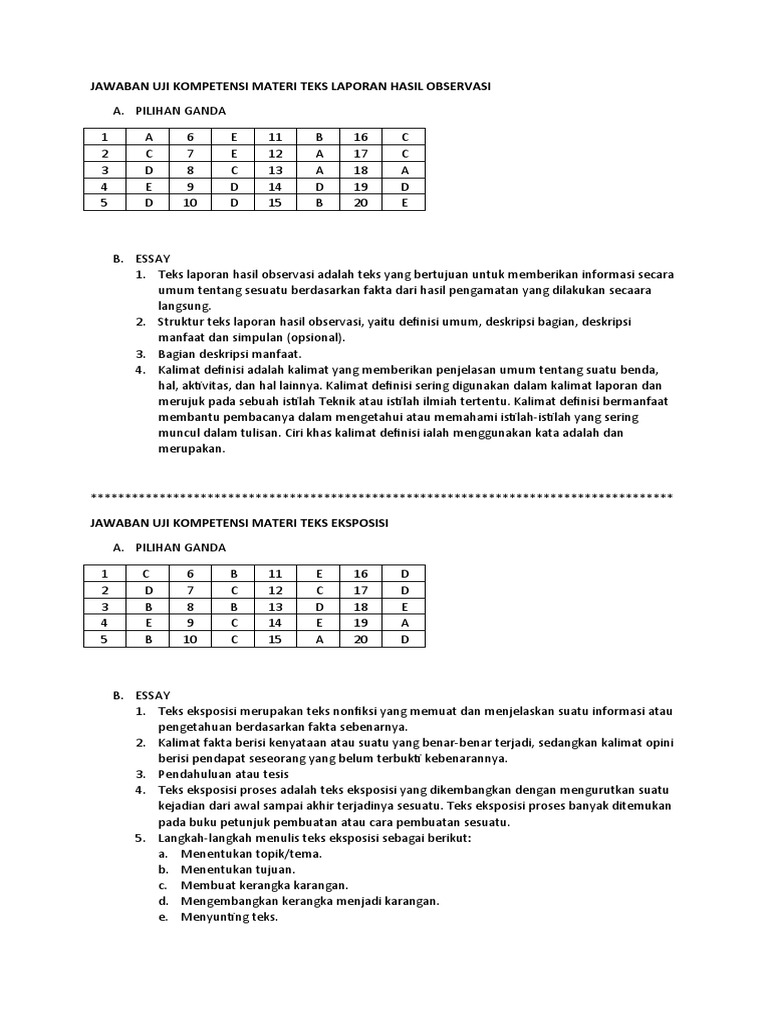 Jawaban Uji Kompetensi Materi Teks Laporan Hasil Observasi | PDF
