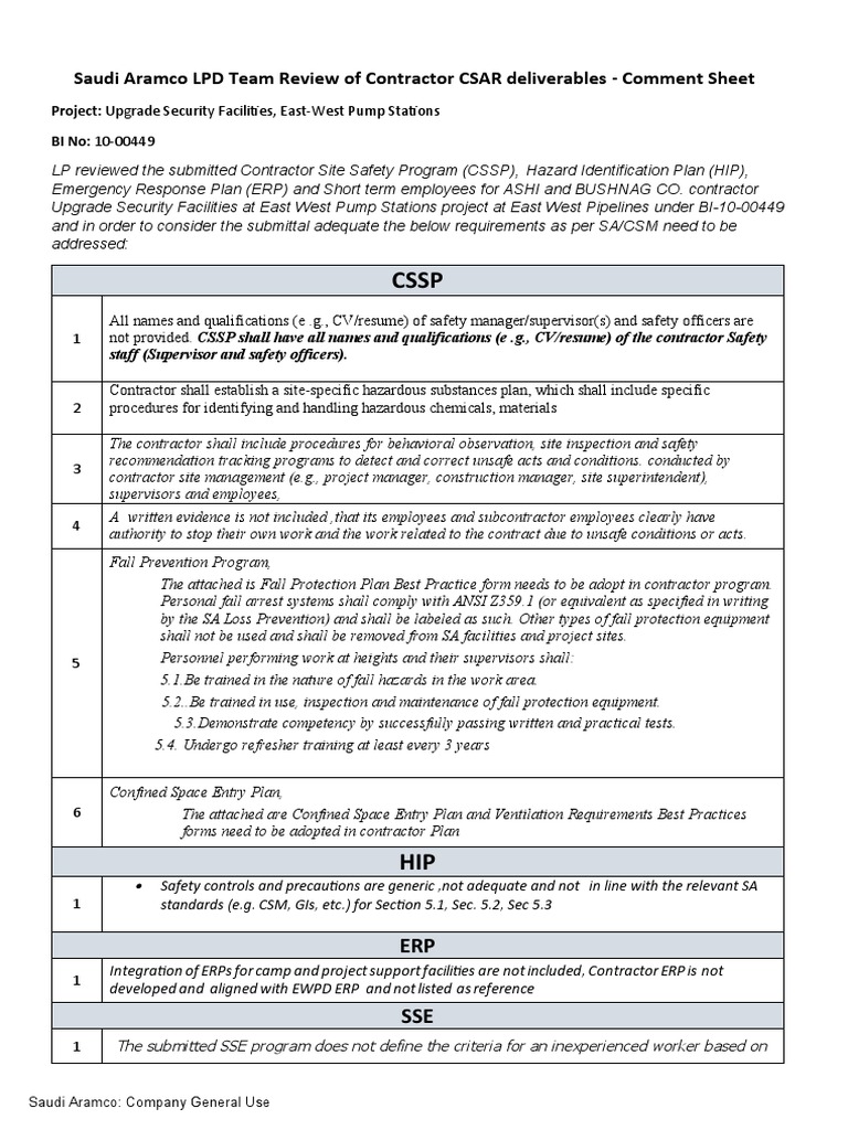 Saudi Aramco LPD Team Review of Contractor CSAR Deliverable - Comment ...