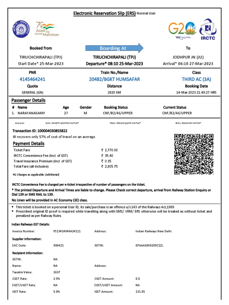 IRCTC Train Ticket Booking Details | PDF