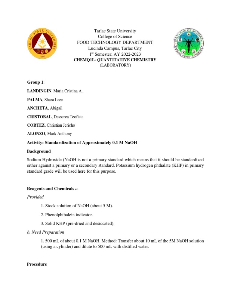 GR. 1 LAB REPORT - STANDARDIZATION OF NaOH | PDF | Sodium Hydroxide ...