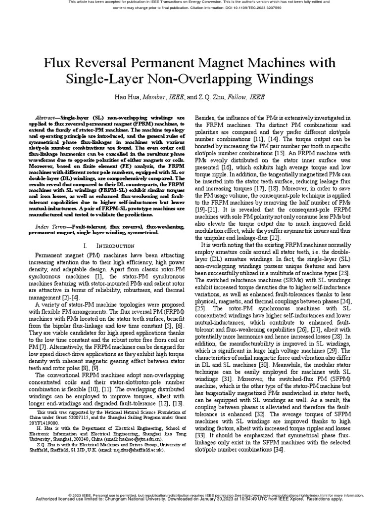 Flux Reversal Permanent Magnet Machines With Single-Layer Non ...