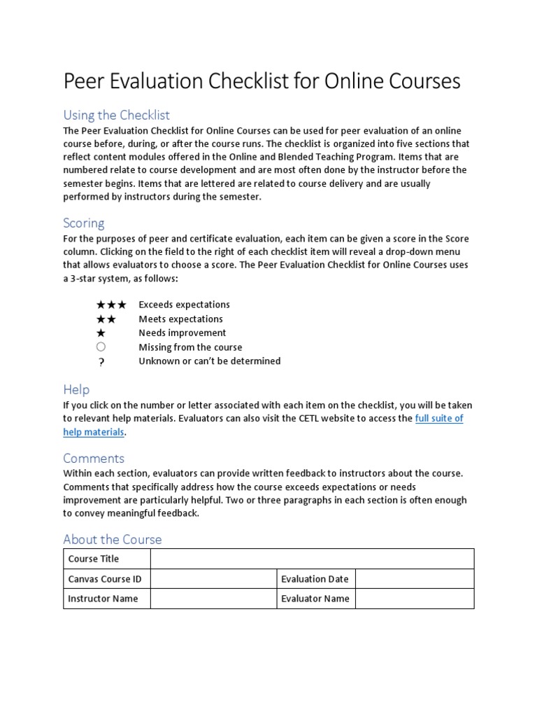 Peer Evaluation Checklist | PDF | Educational Technology | Cognitive ...