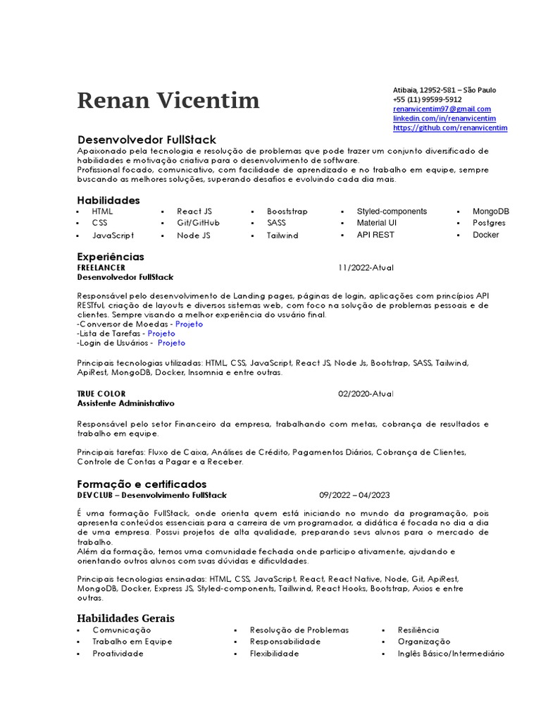 Currículo Full Stack Renan Vicentim PDF | PDF | Script Java | Html