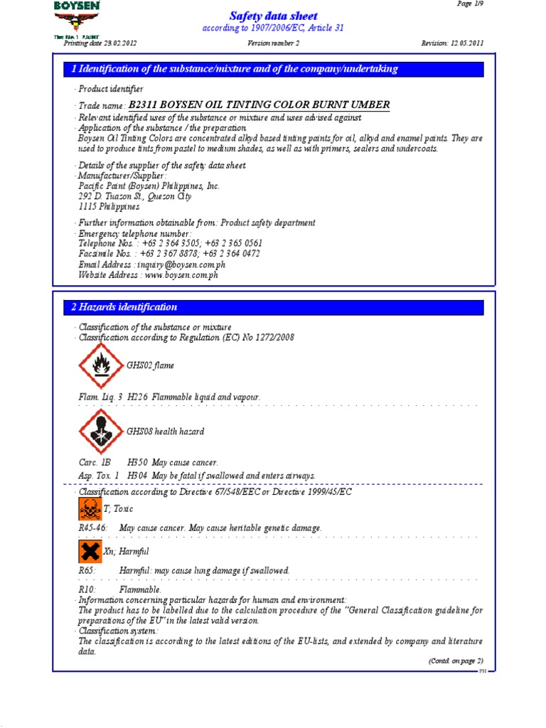 Boysen Oil Tinting Color: Burnt Umber | PDF | Dangerous Goods | Density