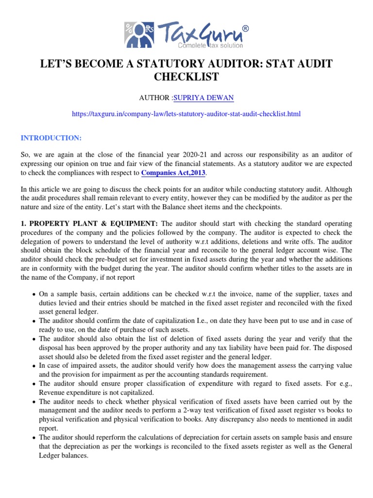 Let's Become A Statutory Auditor - Stat Audit Checklist - Taxguru - in ...