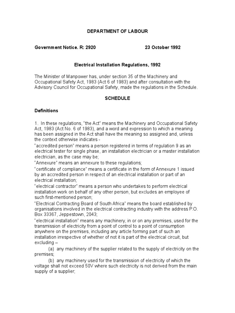 Regulation - 2920 - OHS - Electrical Installation Regulations | PDF ...
