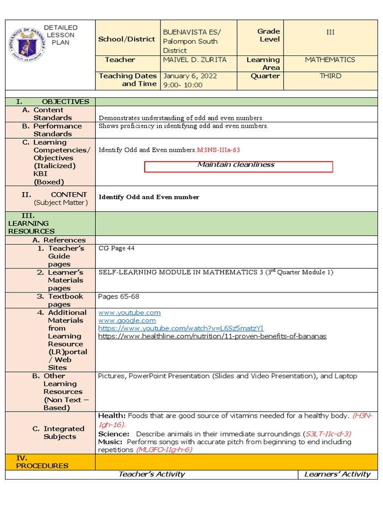 Odd and Even Numbers Lesson Plan | PDF | Learning | Teachers