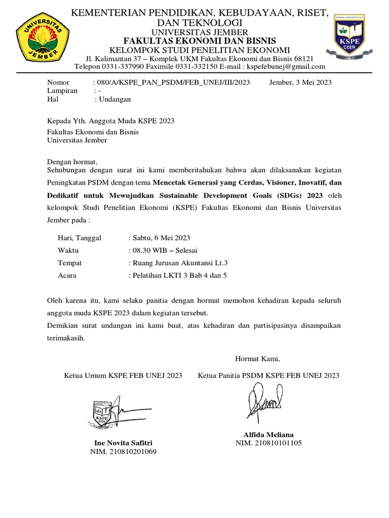 Undangan Pelatihan Peningkatan PSDM Anggota Muda KSPE FEB UNEJ 2023 | PDF