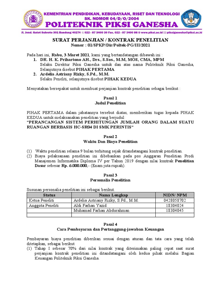Template Kontrak Penelitian 2021 | PDF