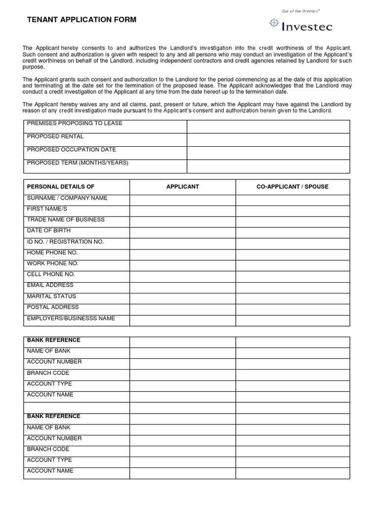 Tenant Application Form | PDF | Landlord | Credit Bureau