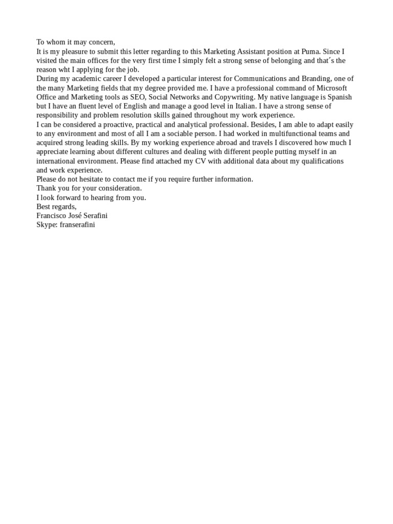 Ejemplo de Cover Letter Puma | PDF | Experience | Marketing