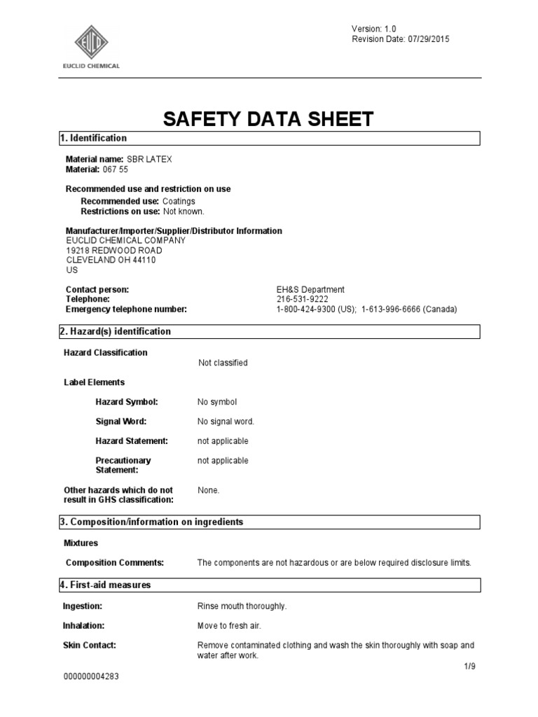 SBR Latex Safety Data Sheet | PDF | Toxicity | Personal Protective ...