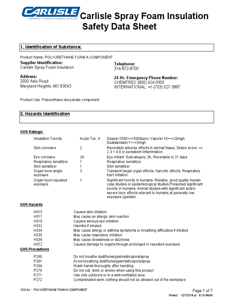 Foam Spray SDS PDF | PDF | Toxicity | Working Conditions