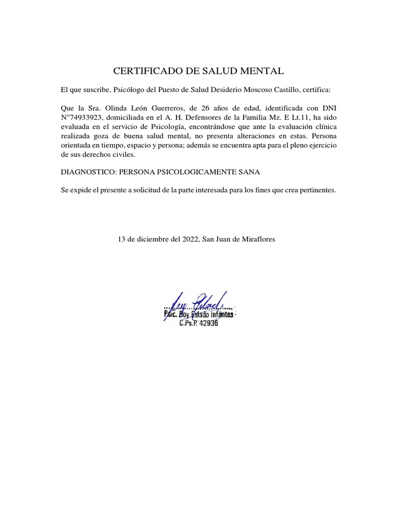 Certificado de Salud Mental | PDF Certificado de Salud Mental | PDF