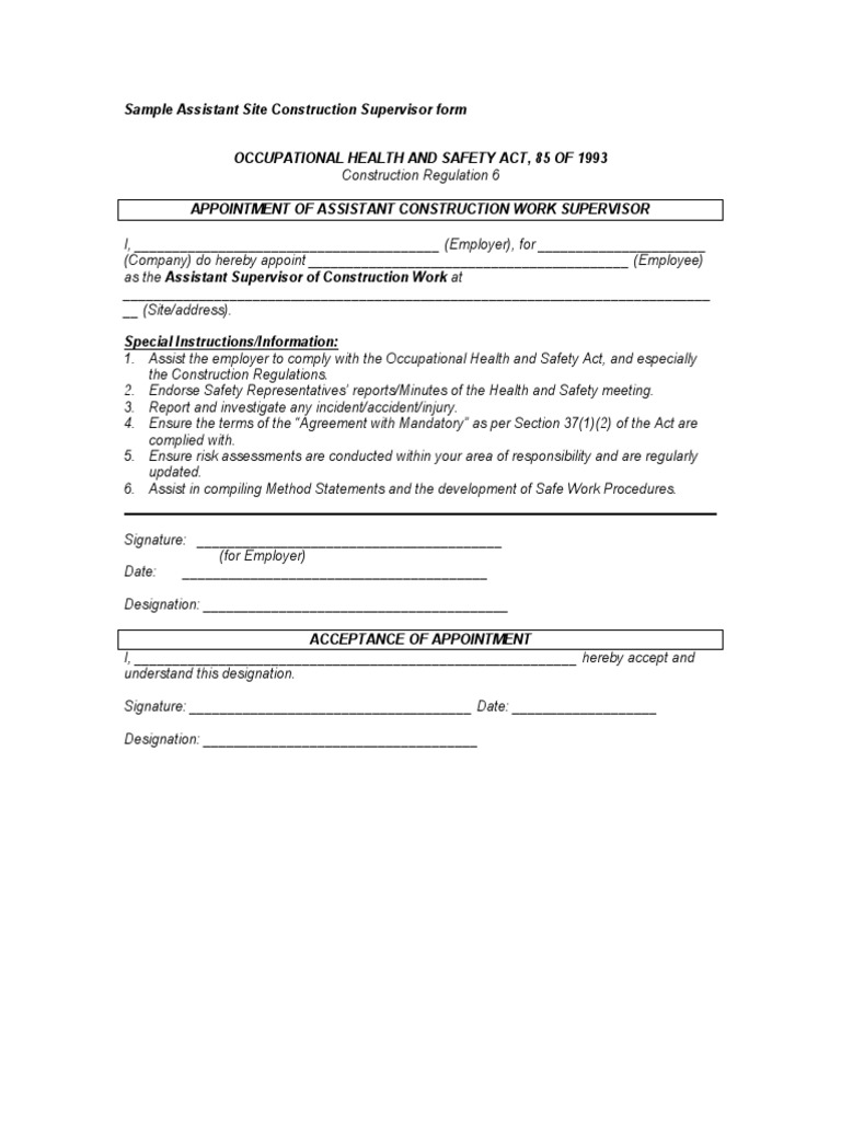 Assistant Site Construction Supervisor Appointment Form | PDF