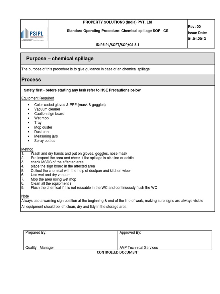 SOP Chemical Spillage | PDF | Occupational Safety And Health | Ac Power ...