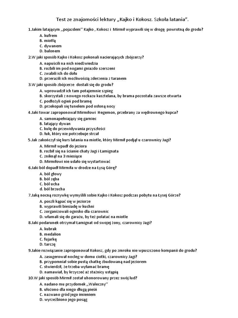 Test Ze Znajomosci Lektury Kajko I Kokosz PDF | PDF