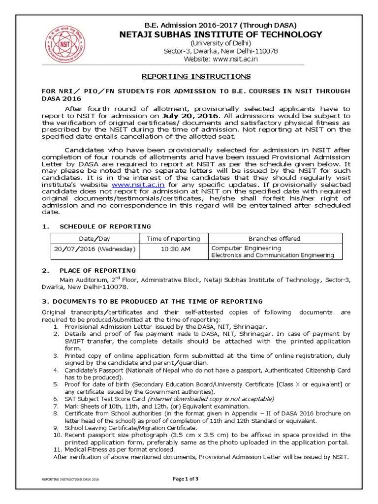 NSIT DASA 2016 Admission Instructions | PDF | Fee | Travel Visa