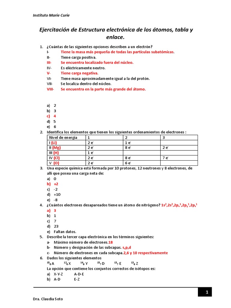 Resolucionejercitacion De Estructura Electronica De Los Atomos Tabla Y