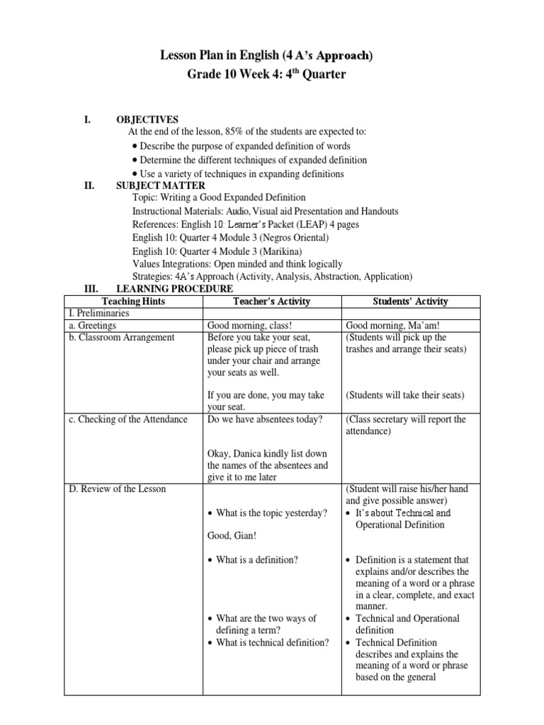 Lesson Plan in English - Expanded Definitions of Words | PDF