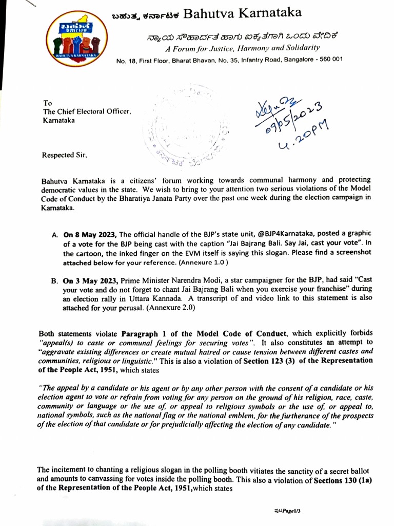 Bahutva Karnataka EC Complaint | PDF | Bharatiya Janata Party | Polling ...