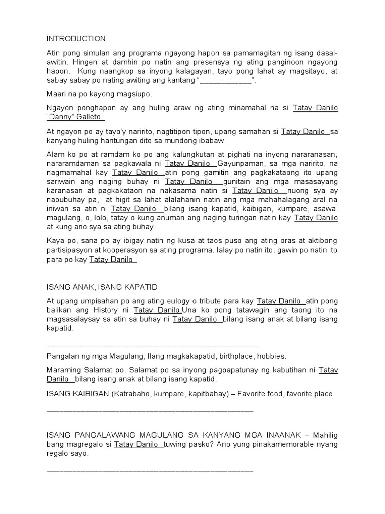 Nanay Funeral Program Script | PDF