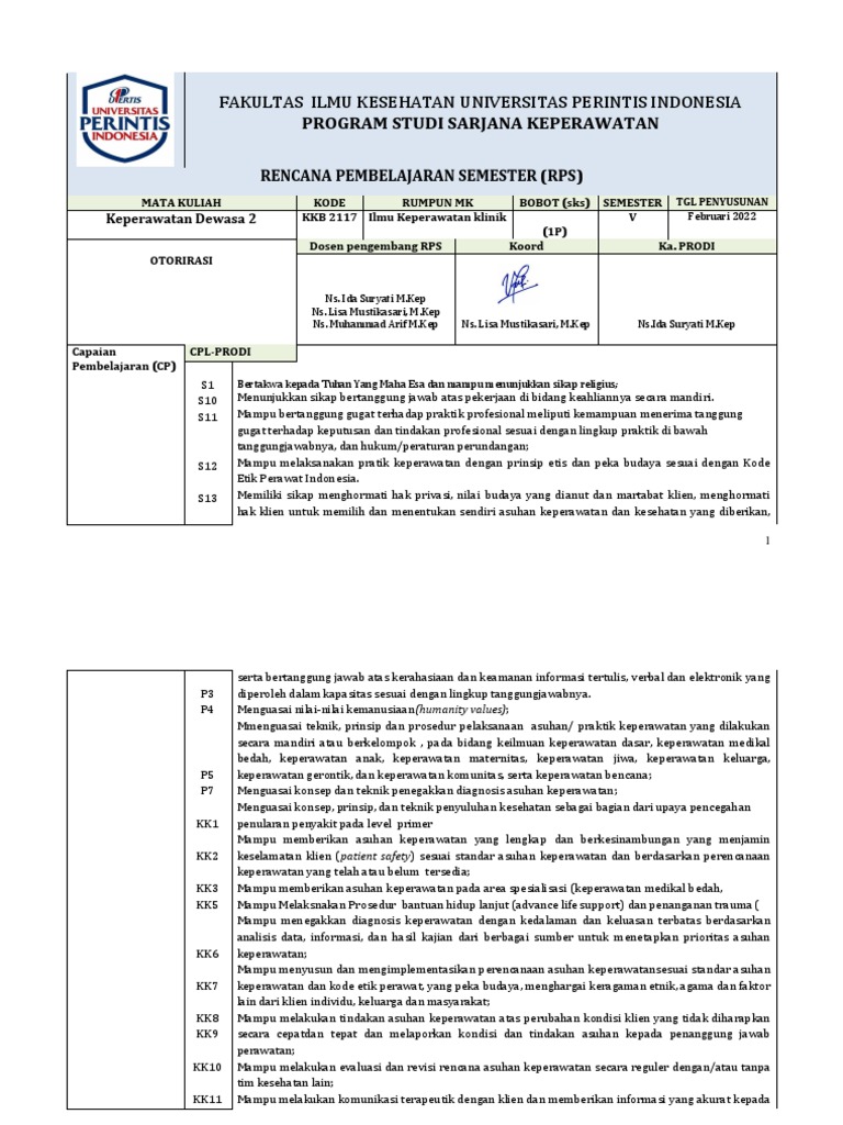RPS Keperawatan Dewasa 2 NR Genap S1 20212022 | PDF