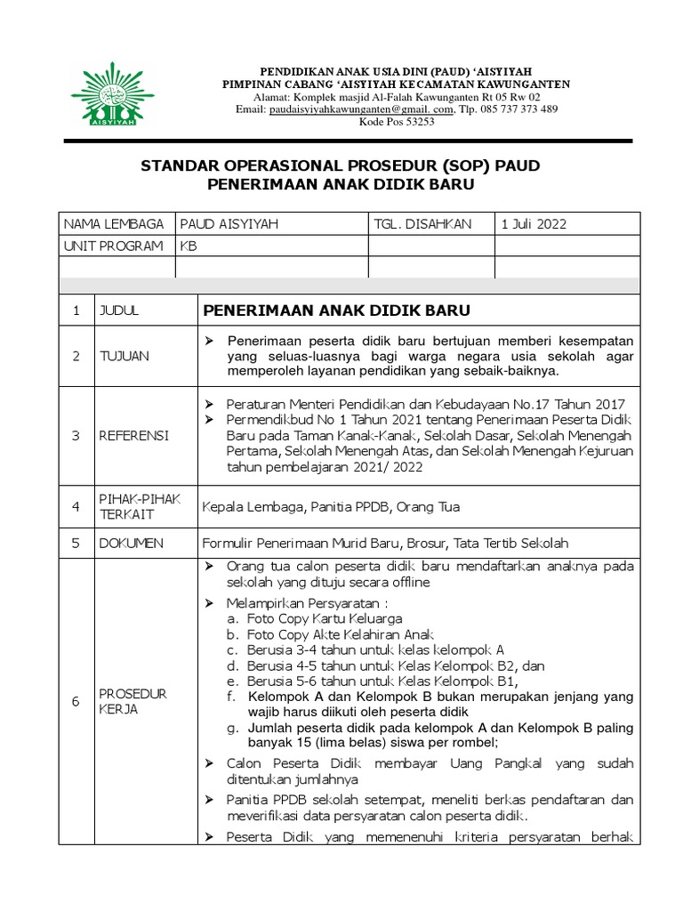 SOP Penerimaan Anak Didik Baru PAUD | PDF