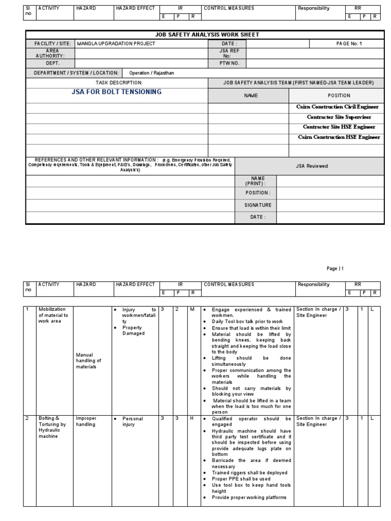 JSA - Bolt Tensioning | PDF | Safety | Occupational Safety And Health