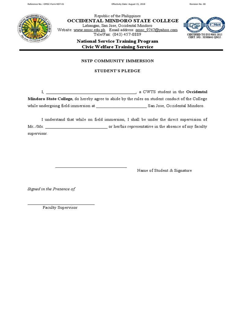 OMSC Form NST 01 Students Pledge | PDF