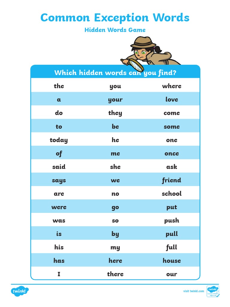 Year 1 Common Exception Words Hidden Words Game | PDF | Teaching | Writing