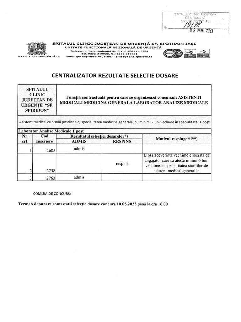 Centralizator Rezultate Selectie Dosare - Asistent Medical Generalist ...