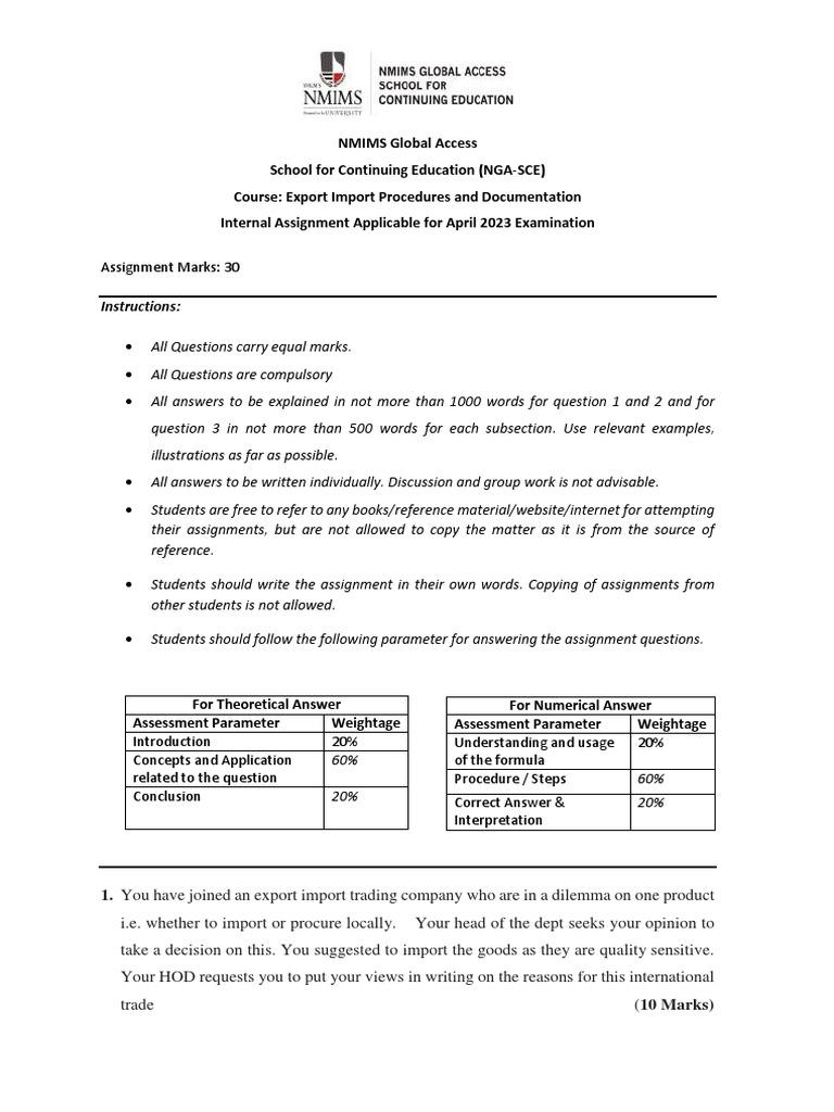 Export Import Procedures and Documentation - Assignment April 2023 IszBdNO0PW | PDF | Insurance ...