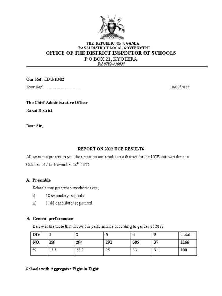Rakai District UCE Results 2022 Report | PDF