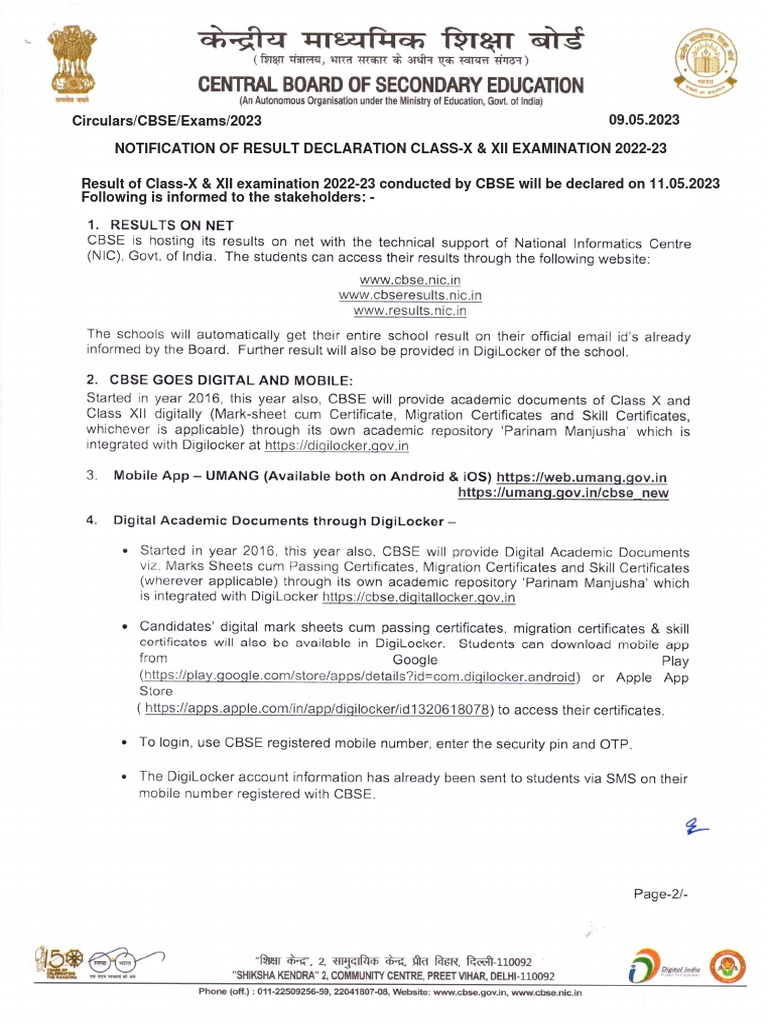 Result Declaration Class Xiiandx Examination 2023 Pdf 