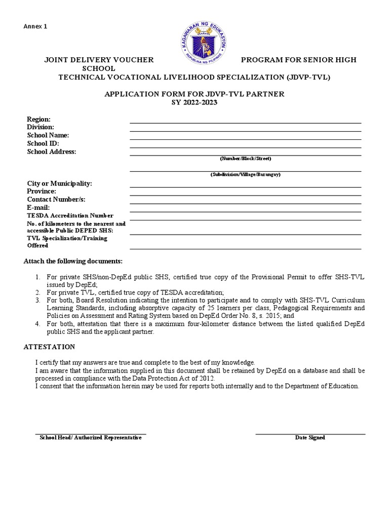 Annex 1 APPLICATION FORM FOR JDVP-TVL PARTNER | PDF