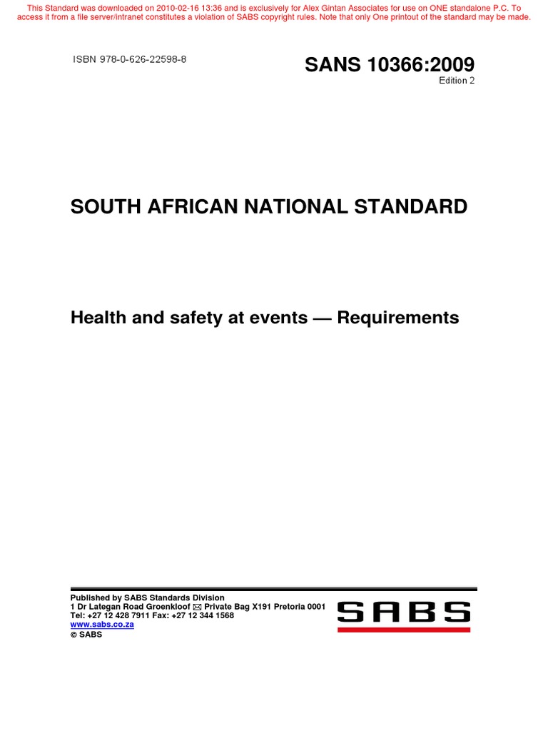 Sans 10366 | PDF | Occupational Safety And Health | Emergency
