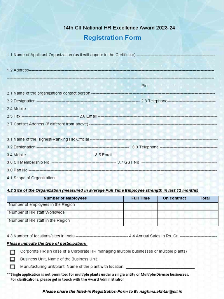 CII National HR Excellence Award 2023-24 Registration | PDF | Business