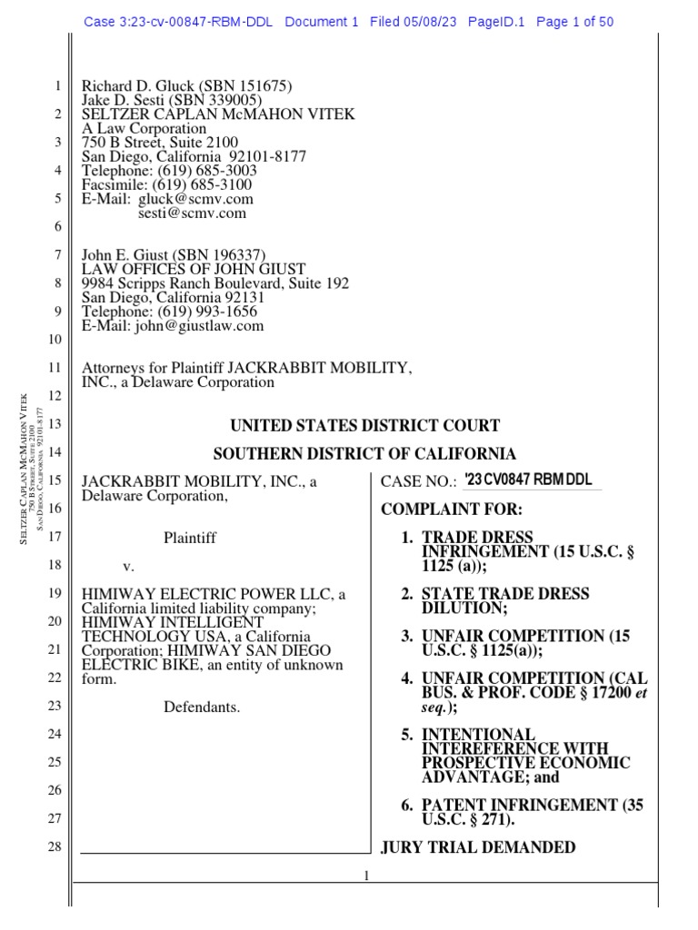 JackRabbit Mobility v. Himiway Electric Power - Complaint | PDF | Patent | Trade Dress