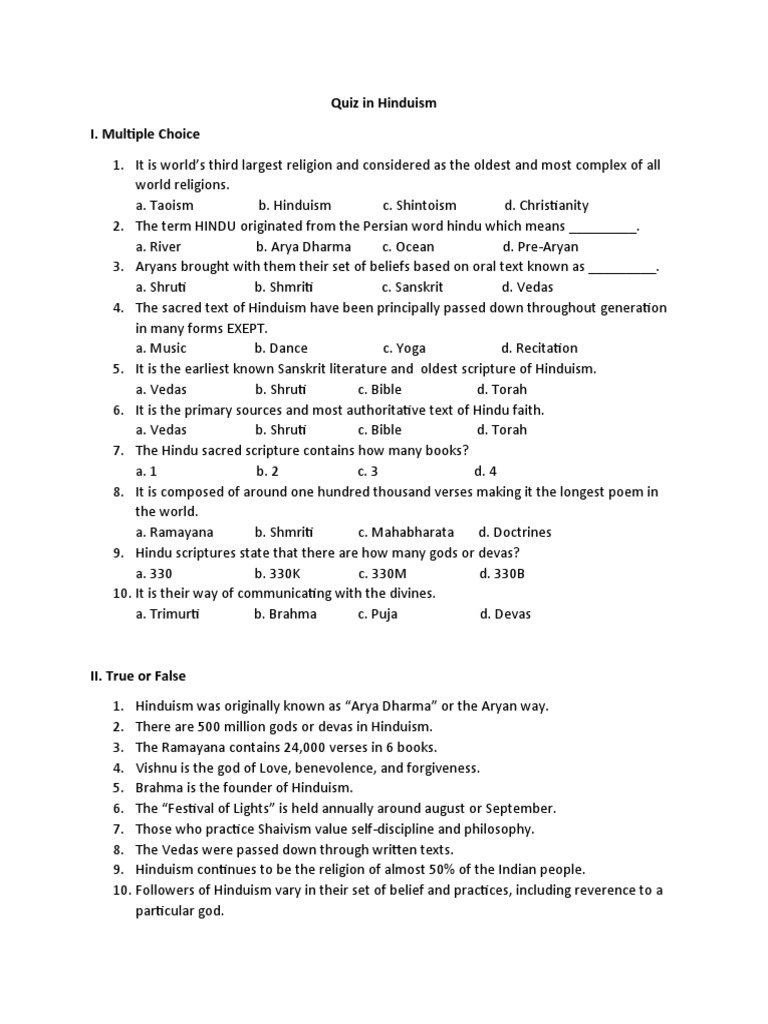 Hinduism Quiz with Answers | PDF | Religious Faiths | Indian Religions
