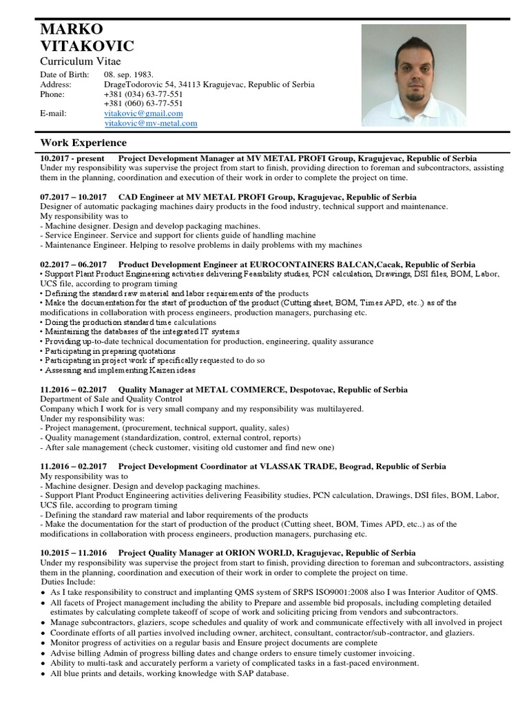 CV-Marko Vitakovic-ENG-1 | PDF | Mechanical Engineering | Engineering