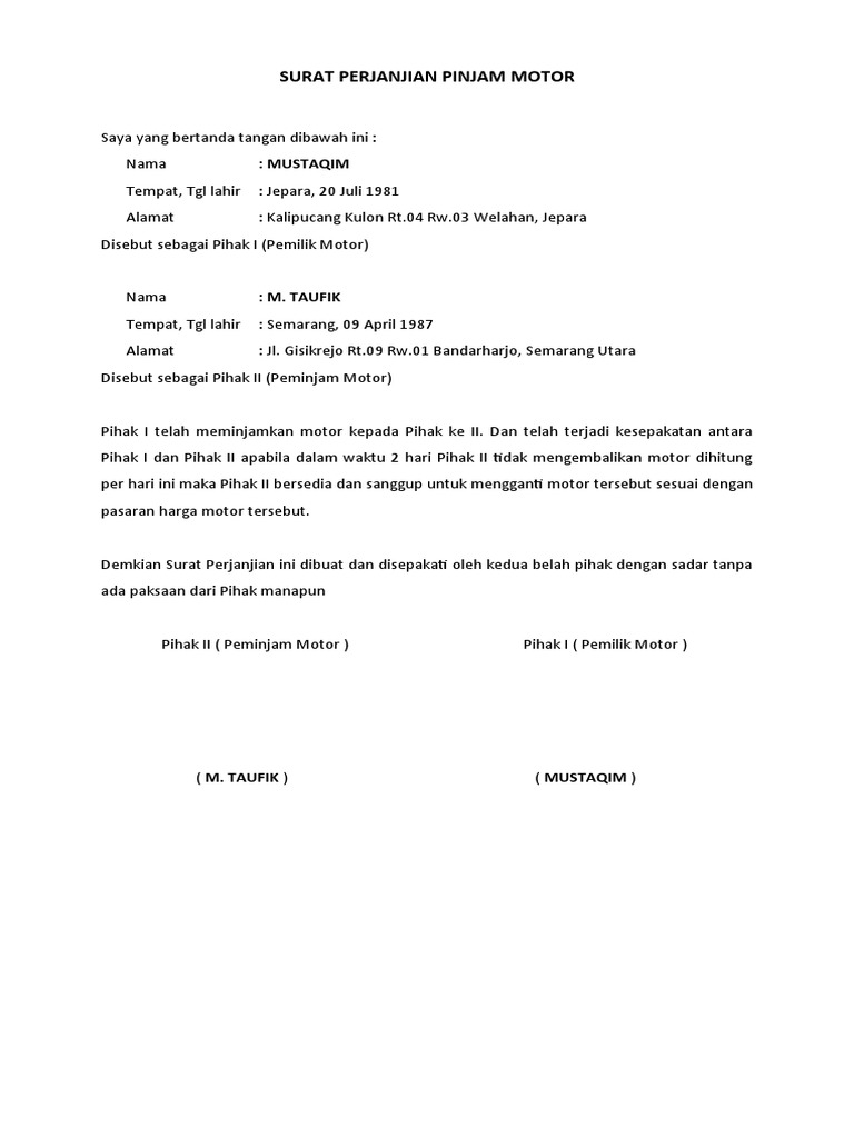 Surat Perjanjian Pinjam Motor | PDF