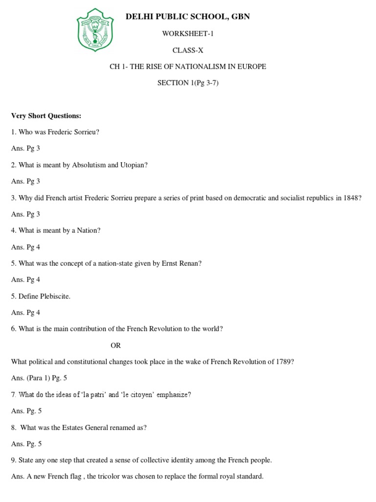 Nationalism in Europe: Class X Worksheet | PDF | Politics | Foreign ...