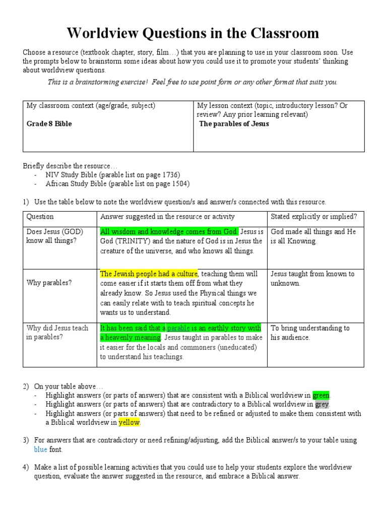 Worldview Questions in The Classroom Done | PDF | Jesus | Bible
