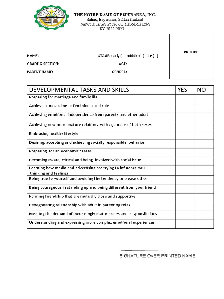 Developmental Tasks and Skills | PDF