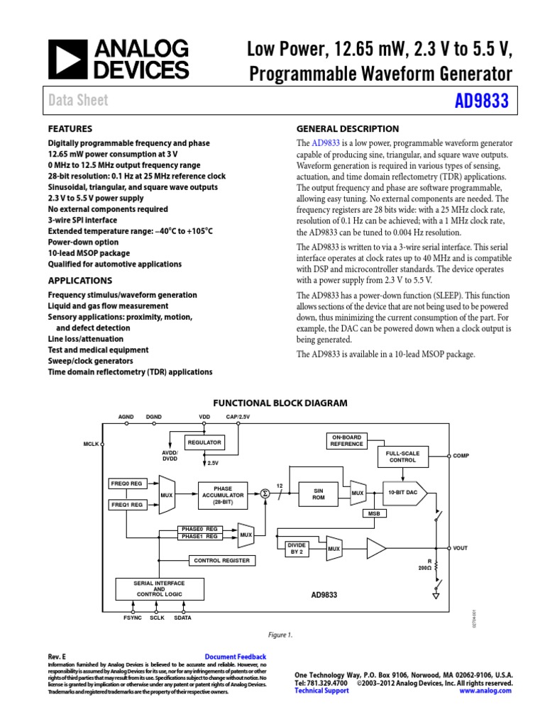 Ad9833 Datasheet Analog Devices Pdf Digital Signal Electronic Engineering 