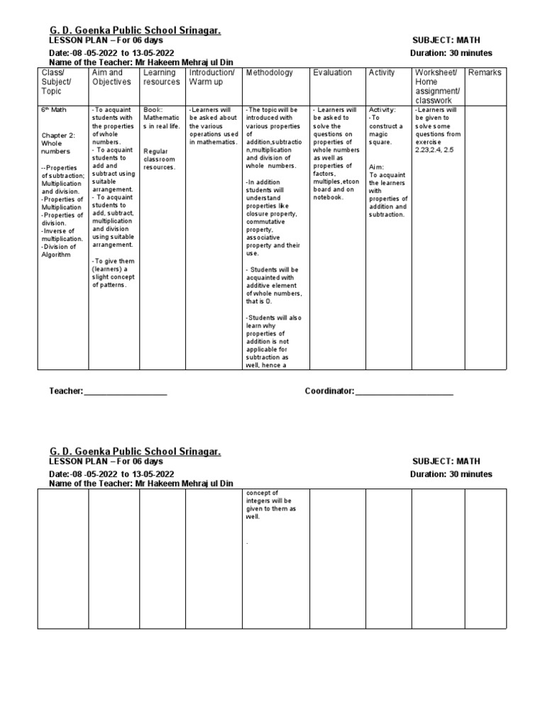 Lesson Plan | PDF | Multiplication | Integer