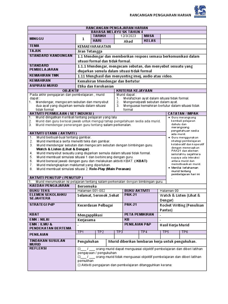 RPH Minggu 1 BM SK THN 4 2023 by Cikgu Gorgeous | PDF